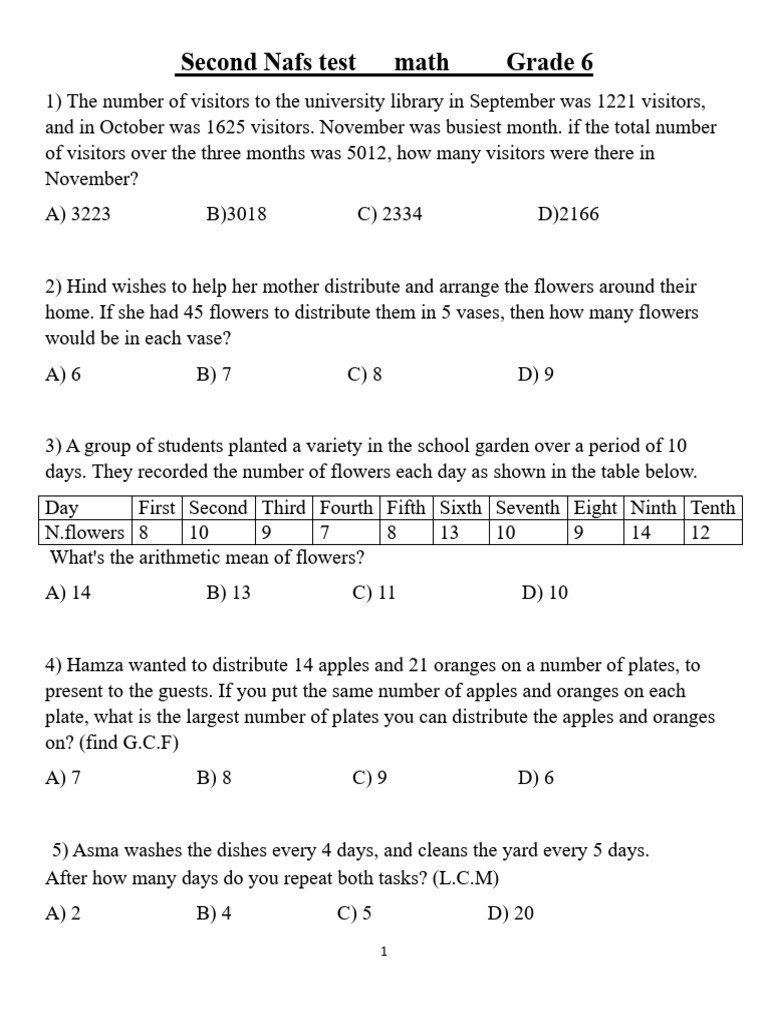 Grade 7 Math Nafs Test Questions | PDF | Area | Mathematics