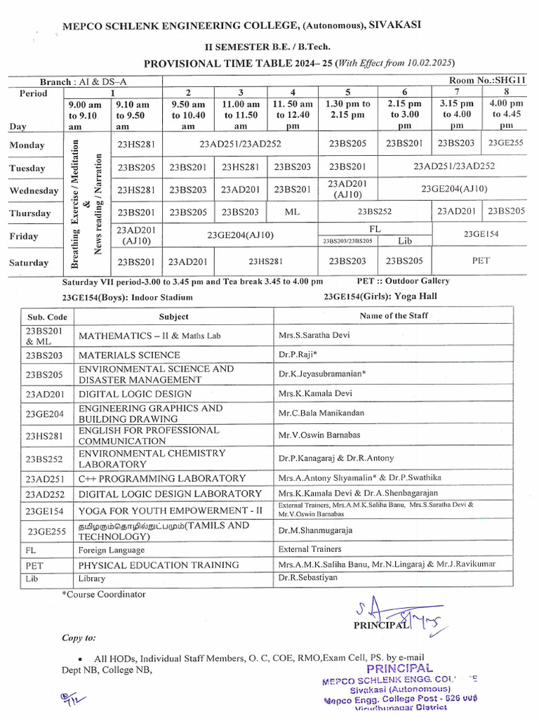I Year AI&DS Dept II Sem Time Table | PDF