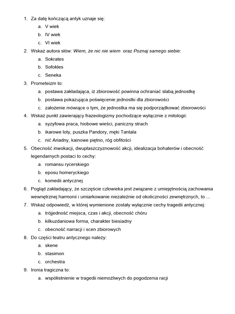 Antyk Test Z Odpowiedziami PDF | PDF