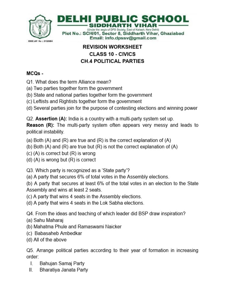 Civics Revision Worksheet - Political Parties | PDF | Indian National ...