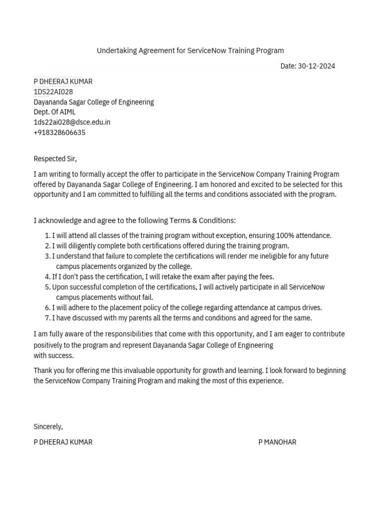 Undertaking Agreement for ServiceNow Training Program.pdf | PDF