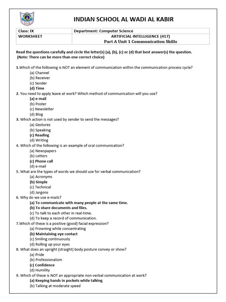 Class 9 Communication Skills Worksheet | PDF | Communication ...