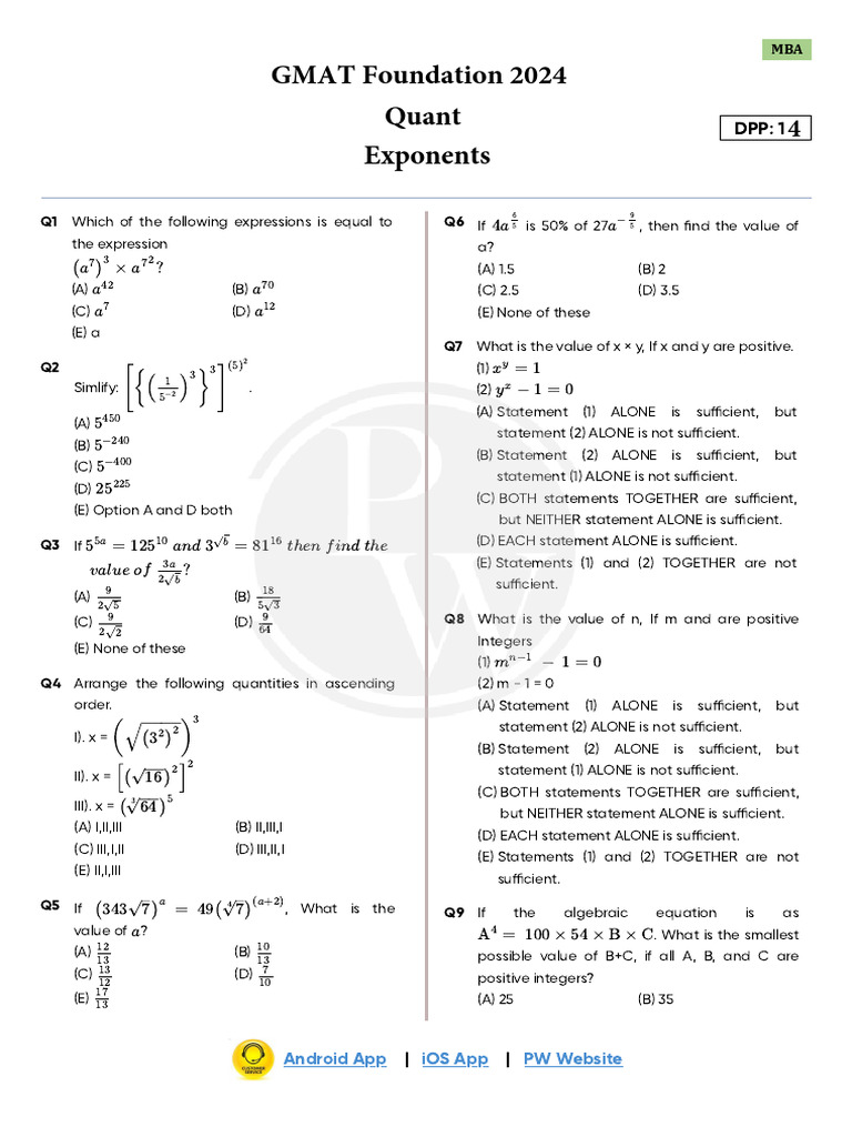 Quants - DPP 14 (Of Lecture 15) - GMAT Foundation 2024 | PDF | Number Theory | Elementary ...