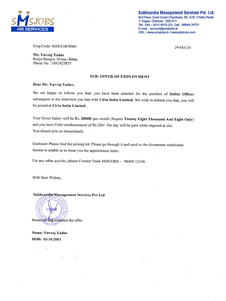 Yuvraj Yadav Offer Letter | PDF
