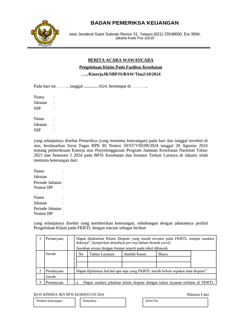 Lampiran 1. BAW FKRTL Topik Klaim Dispute dan Pending | PDF