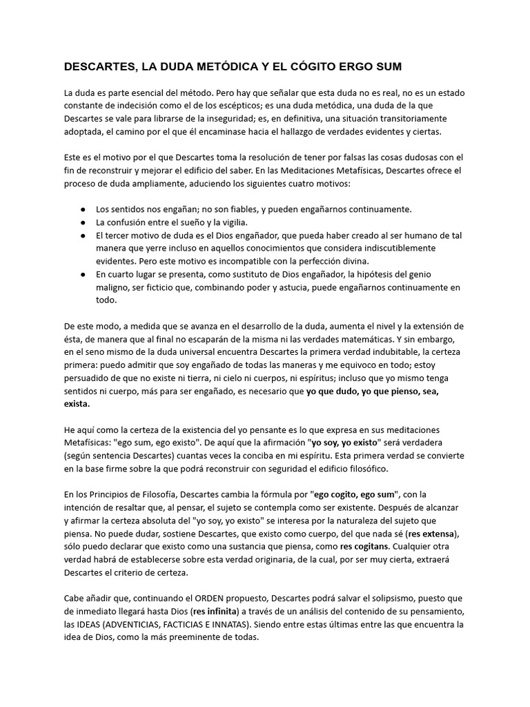 Duda Metódica y Cogito en Descartes | PDF | René Descartes | Verdad