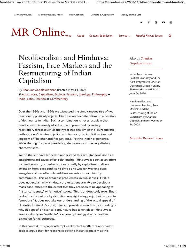 Neoliberalism and Hindutva - Fascism, Free Markets and The ...