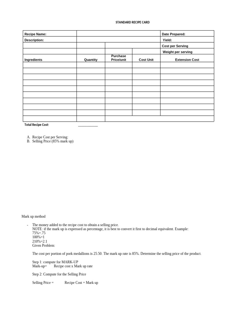 Standard Recipe Costing Guide | PDF