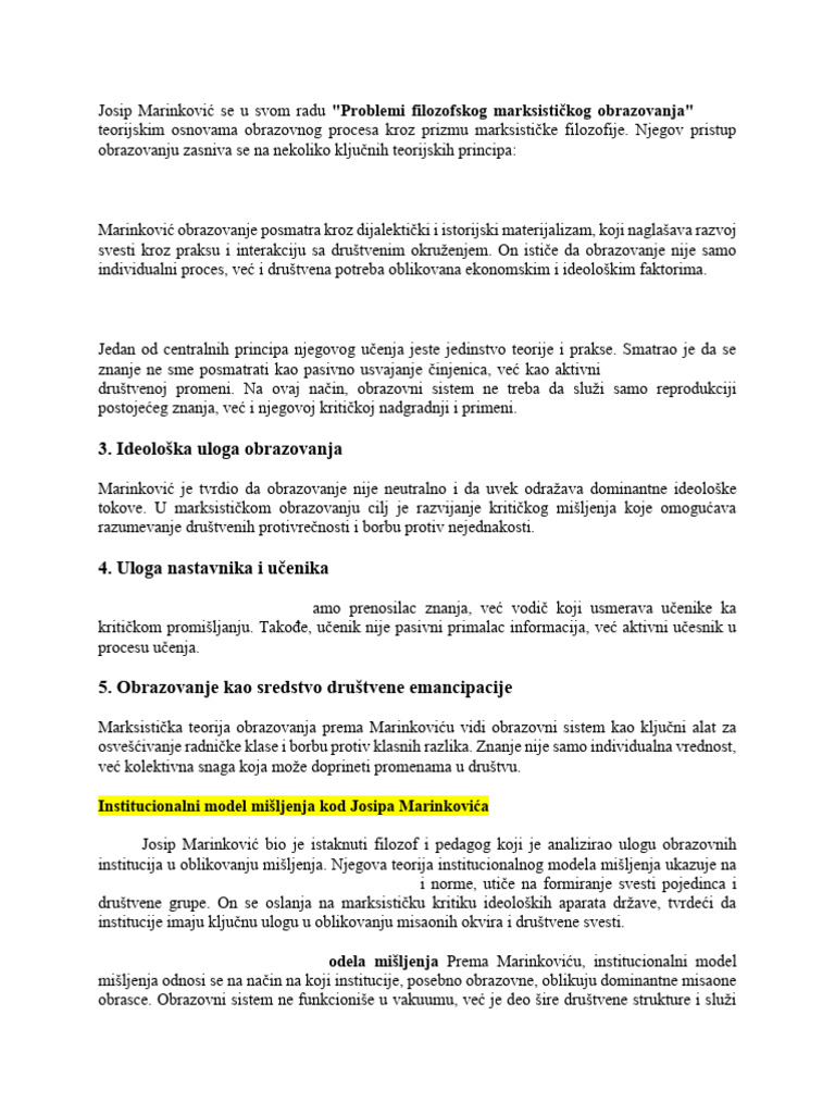 Josip Marinković Kritika Institucionalnog Modela Misljenja | PDF