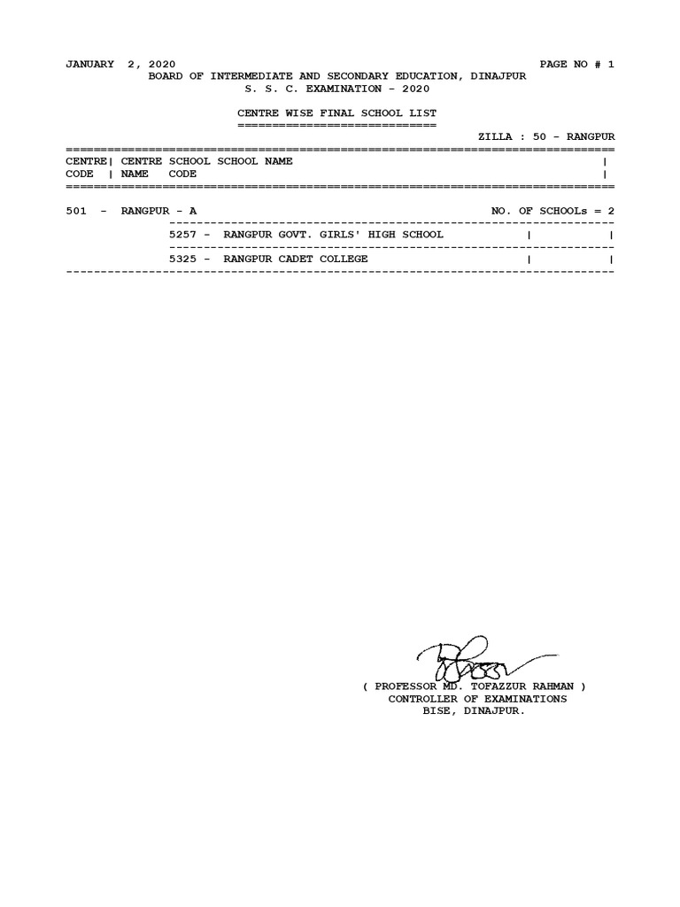 SSC 2020 Centre List for Rangpur | PDF | Educational Organizations ...