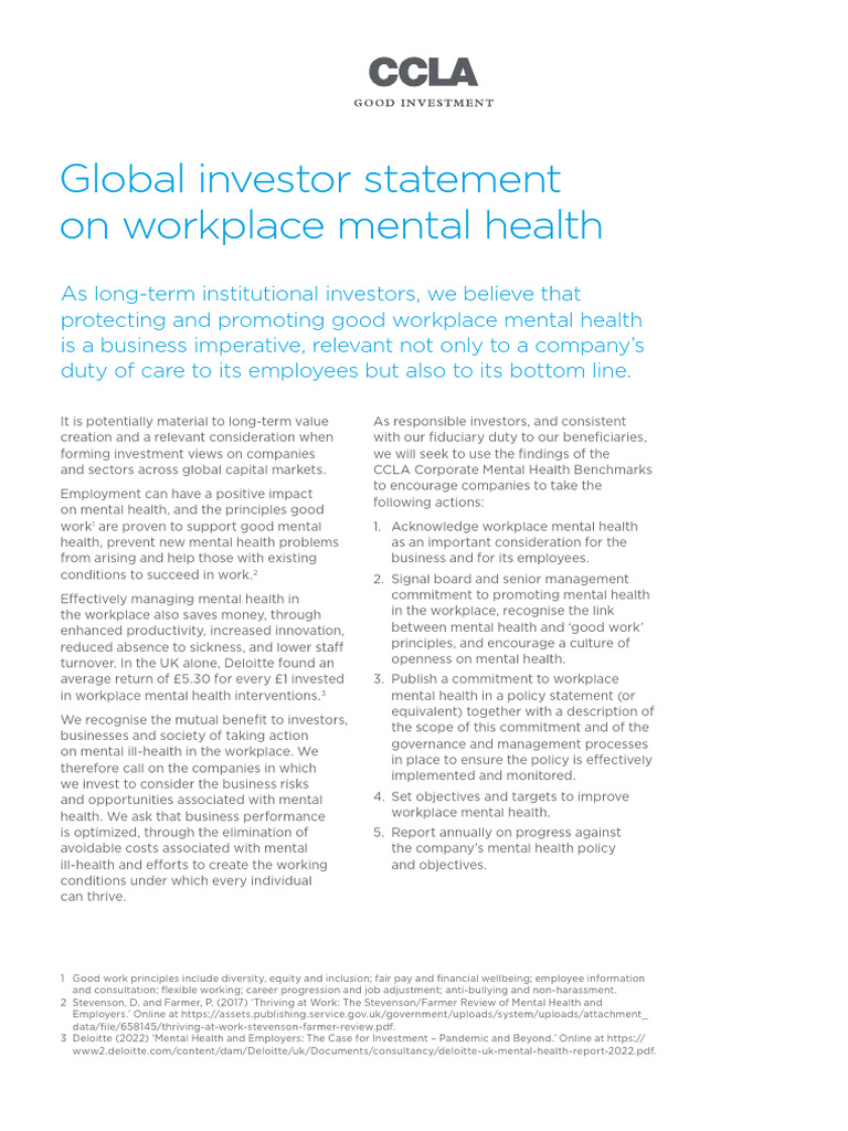 CCLA GLOBAL INVESTOR STATEMENT ON WORKPLACE MENTAL HEALTH | PDF ...
