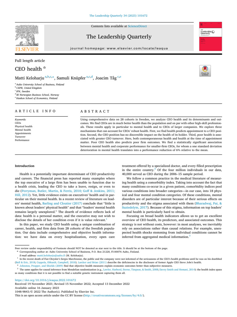 CEO Health: Insights and Impacts | PDF | Dependent And Independent ...