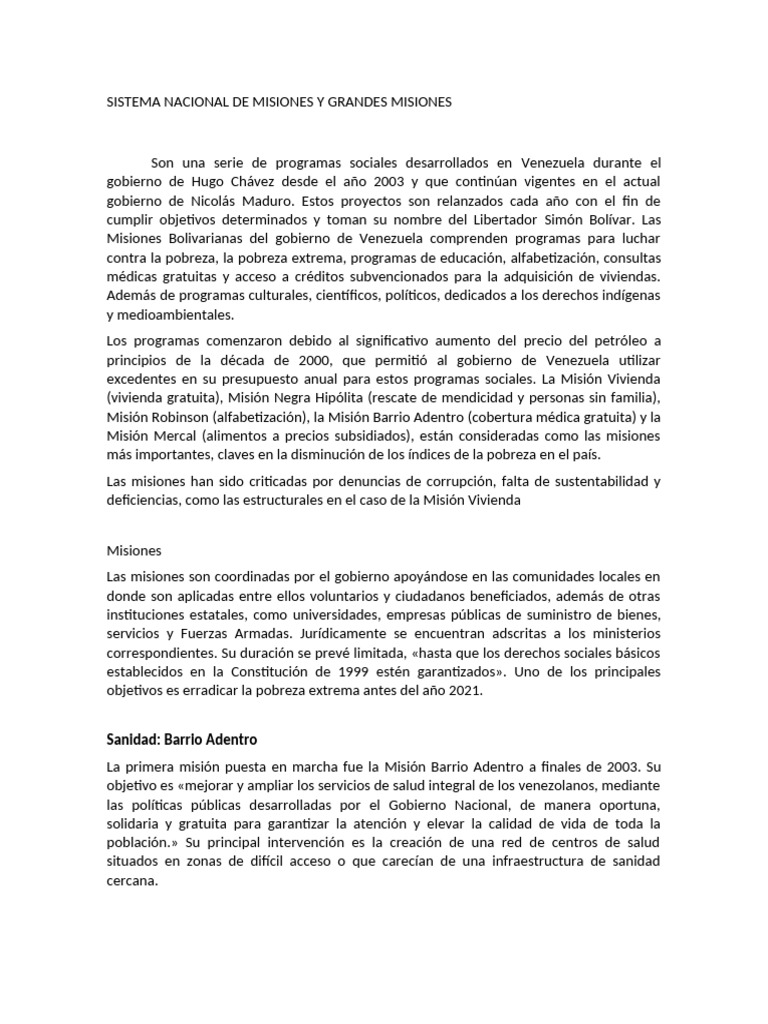Misiones y Grandes Misiones en Venezuela | PDF | Política de venezuela ...