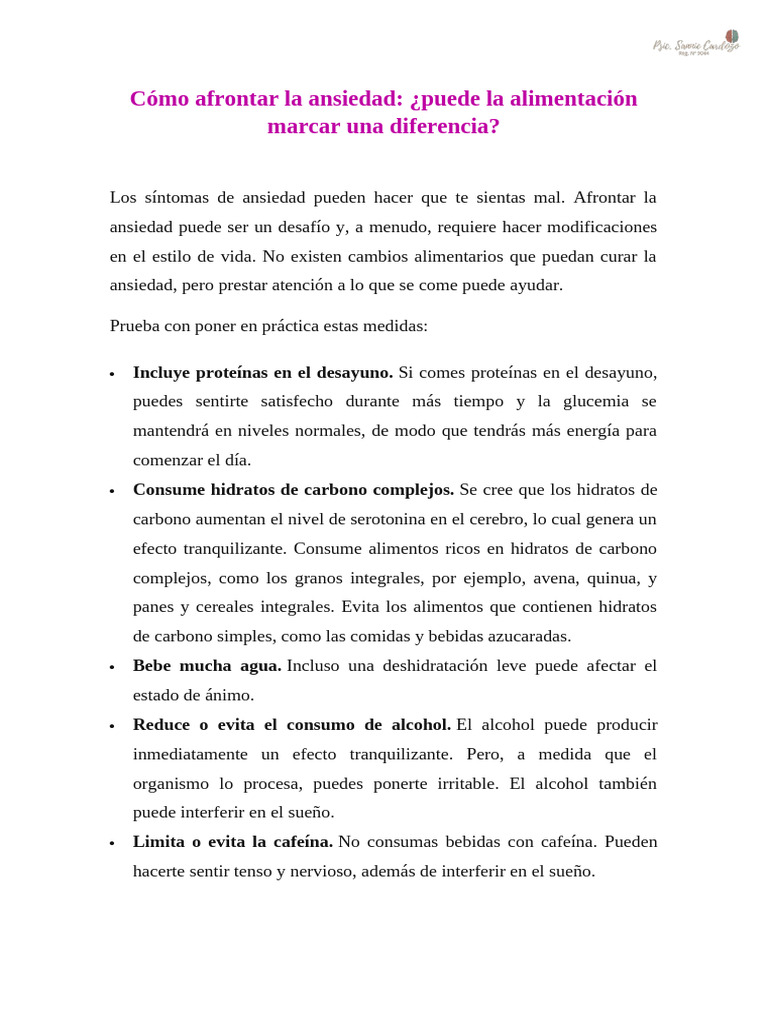 Cómo afrontar la ansiedad | PDF | Ansiedad | Alimentos