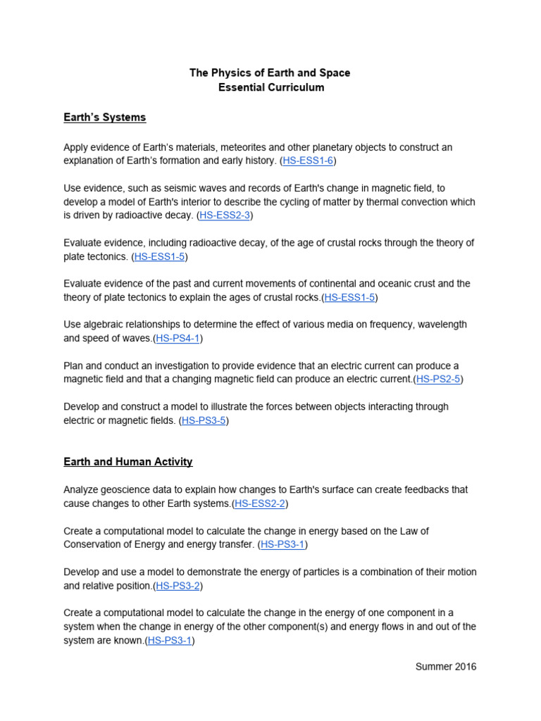 The Physics of Earth and Space Essential Curriculum Earth's Systems ...