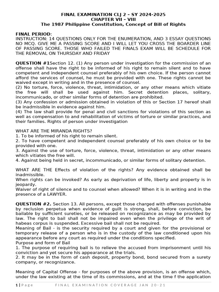 FINAL-EXAMINATION-CLJ-2-SY-2024-2025 | PDF | Bail | Arrest