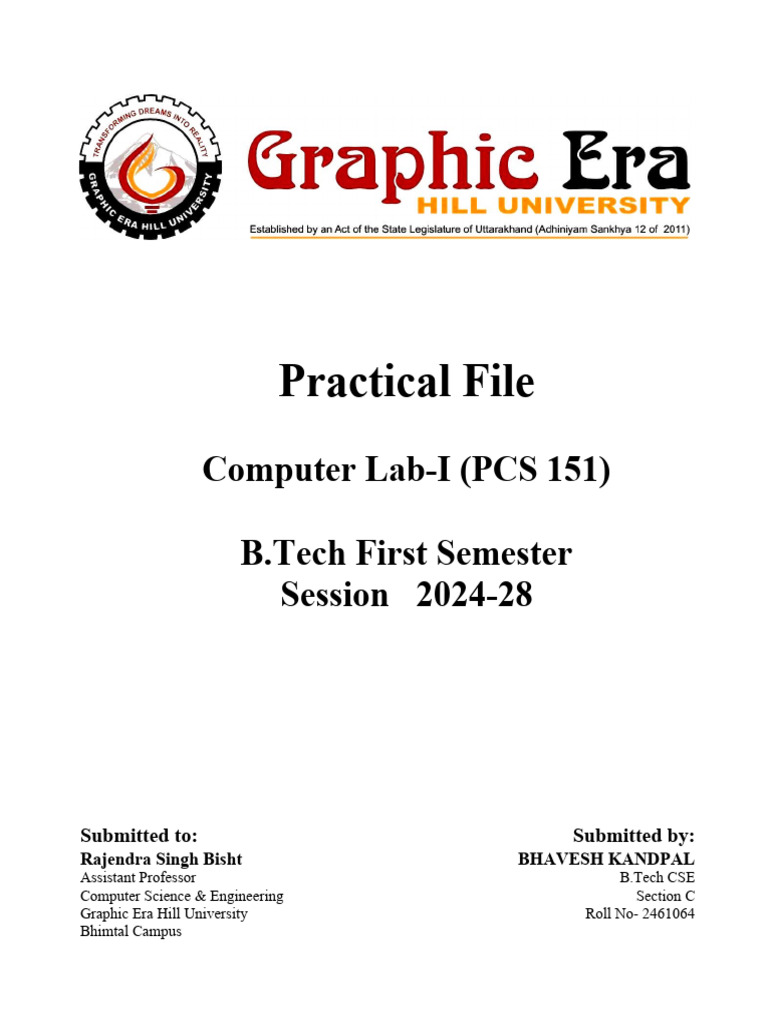 Practical File: Computer Lab-I (PCS 151) B.Tech First Semester Session 2024-28 | PDF