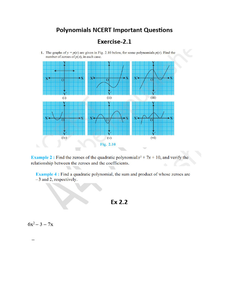 Polynomials NCERT Important Questions Exercise-2.1 | PDF