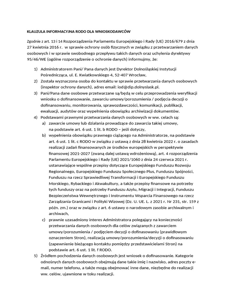 Klauzula Informacyjna Rodo Dla Wnioskodawcow | PDF