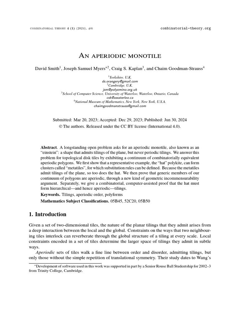 An Aperiodic Monotile 2303.10798v3 | PDF | Group (Mathematics) | Geometry