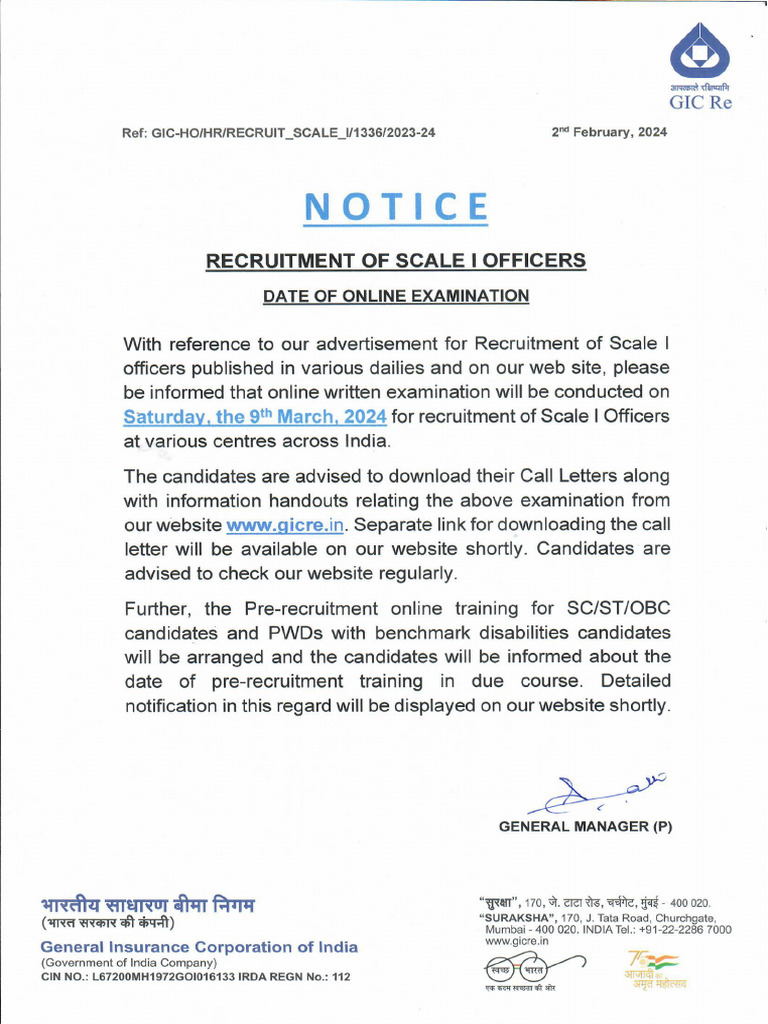 Notice - Date of Online Examination | PDF