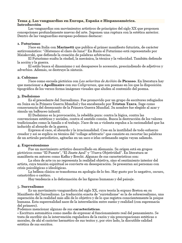 Tema 4. Las vanguardias en Europa, España e Hispanoamérica | PDF ...