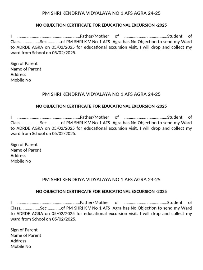 PM Shri Kendriya Vidyalaya No 1 Afs Agra 24-25: No Objection ...