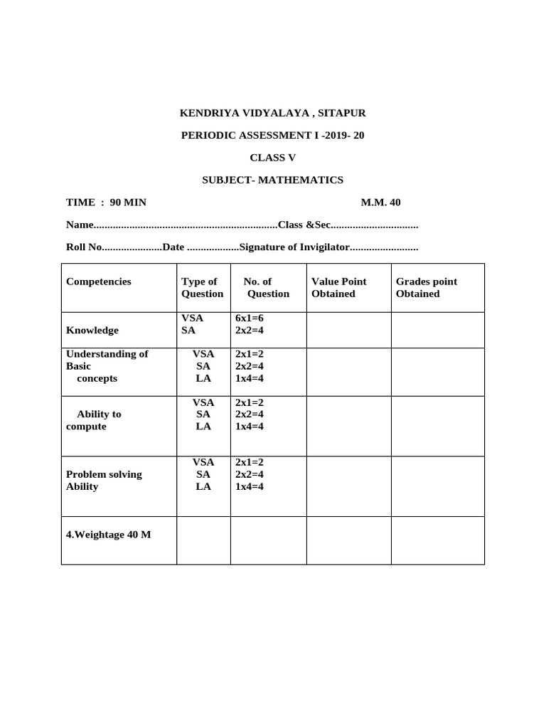 Class V Mathematics PT I 2019 20 | PDF | Euclid | Geometry