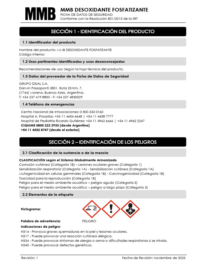 Ficha de Seguridad: MMB Fosfatizante | PDF | Agua | Química