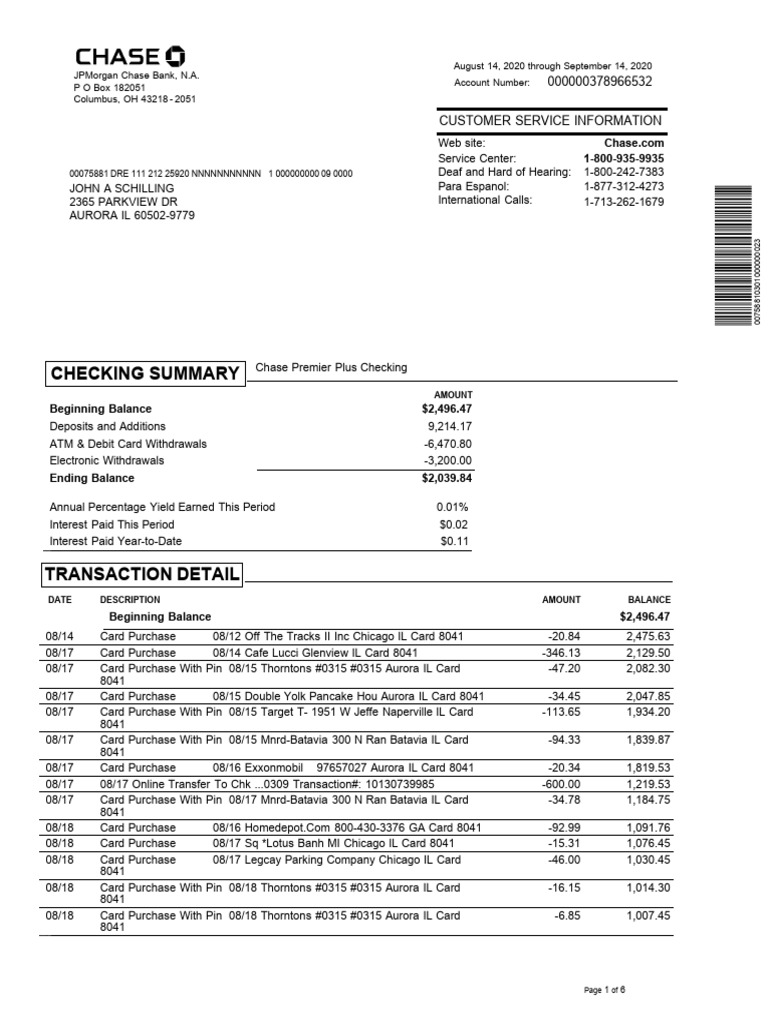 Chase Bank Account Statement Summary | PDF | Receipt | Personal ...