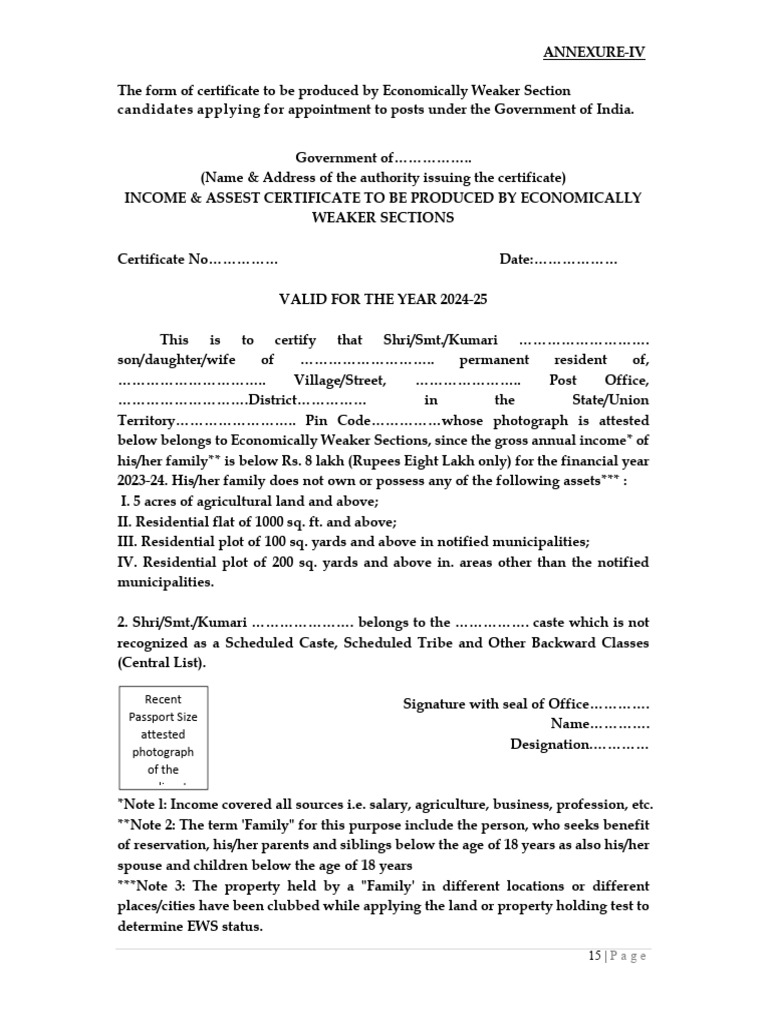 EWS Certificate Format for 2024-25 | PDF | Government