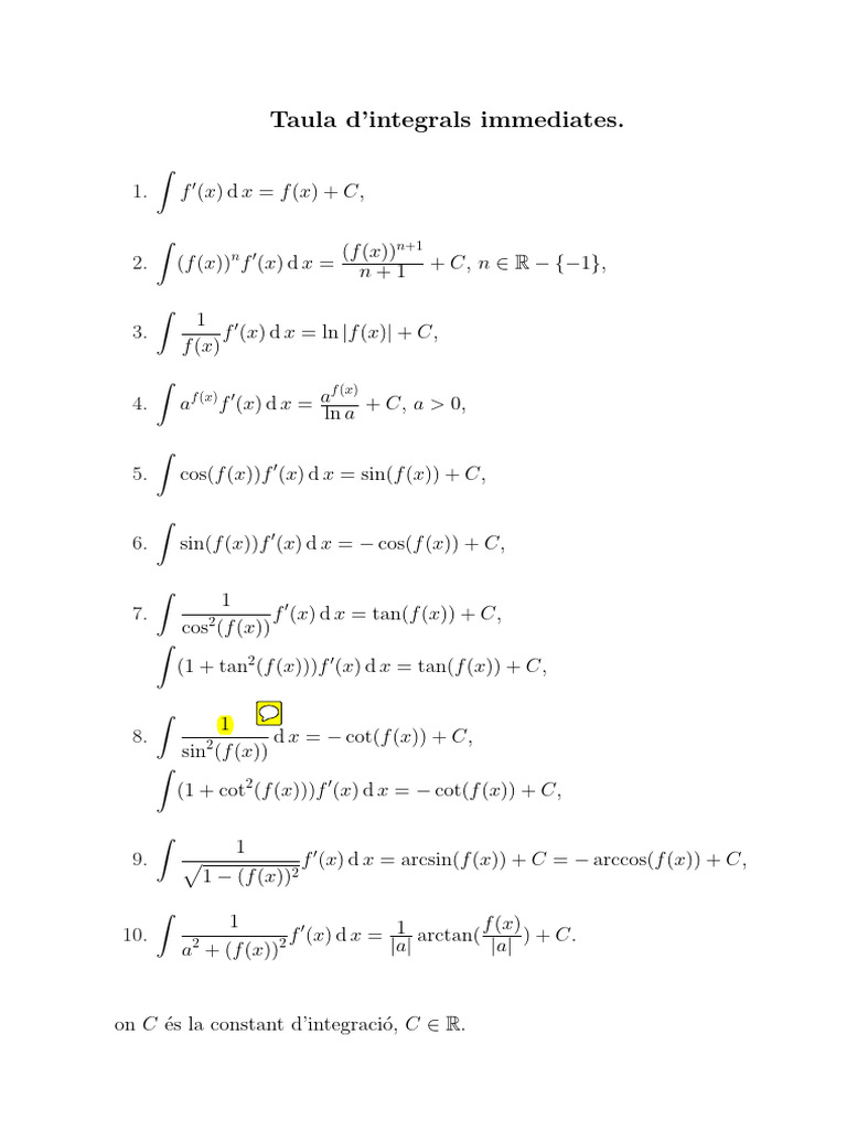 Taula d'Integrals Immediates | PDF