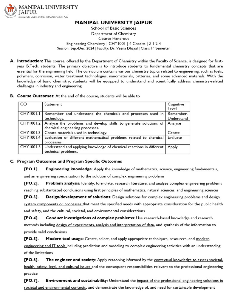course-handout CHY1001_Sep-Dec_24 | PDF | Corrosion | Engineering