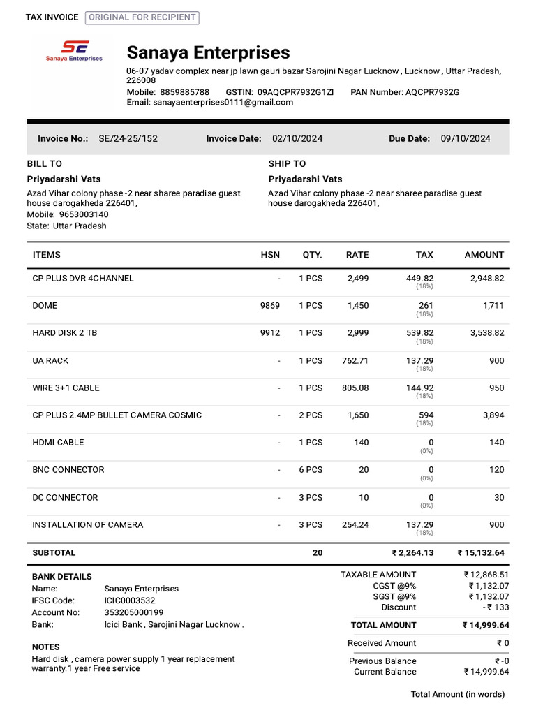 Tax Invoice for Sanaya Enterprises | PDF | Invoice | Payments