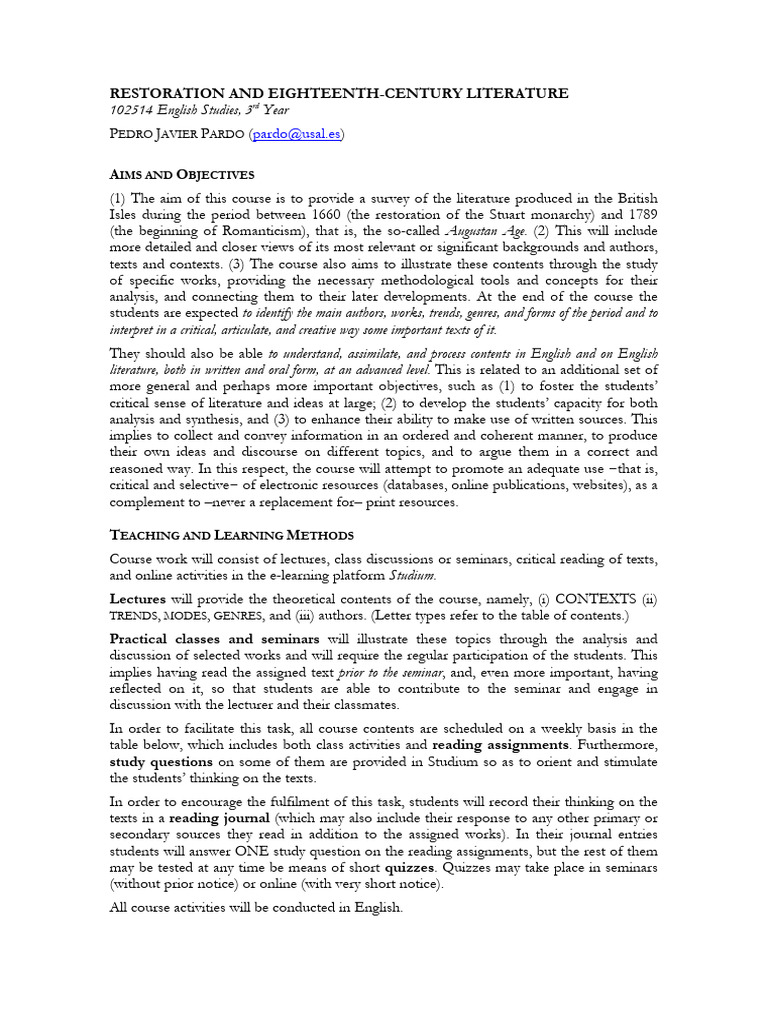 Restoration & 18th-Century Lit Course | PDF | Lecture | Educational ...
