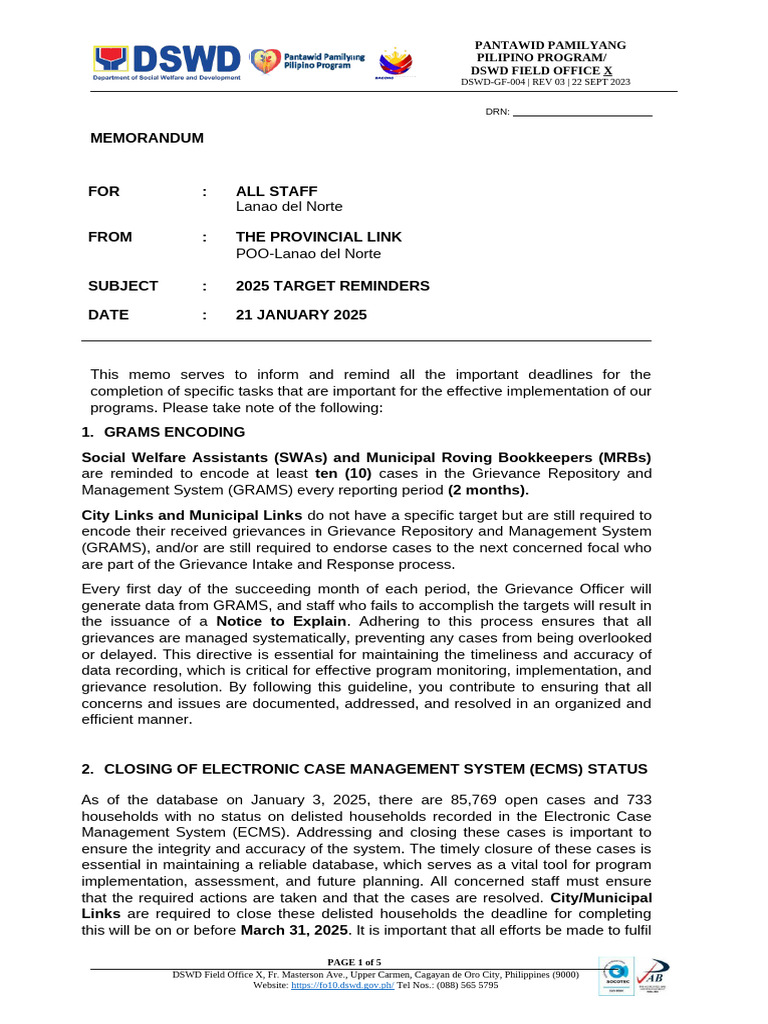 LDN Provincial Memo for 2025 TARGET | PDF