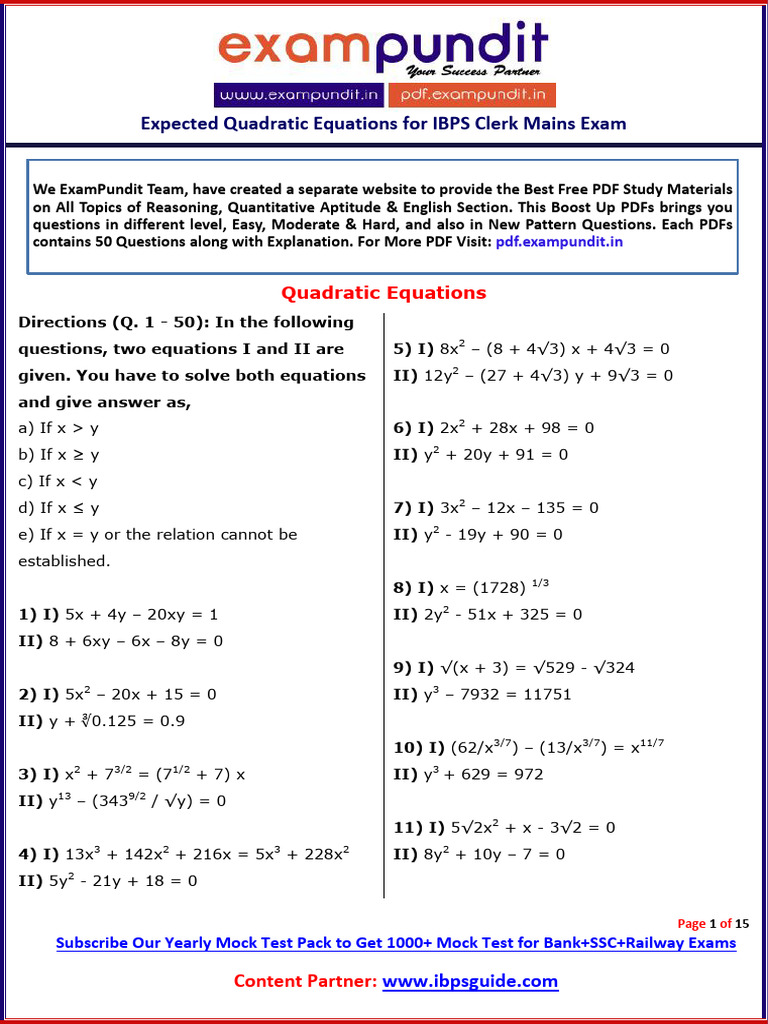 Quadratic Equations for Bank Mains Exam | PDF | Tests | Equations