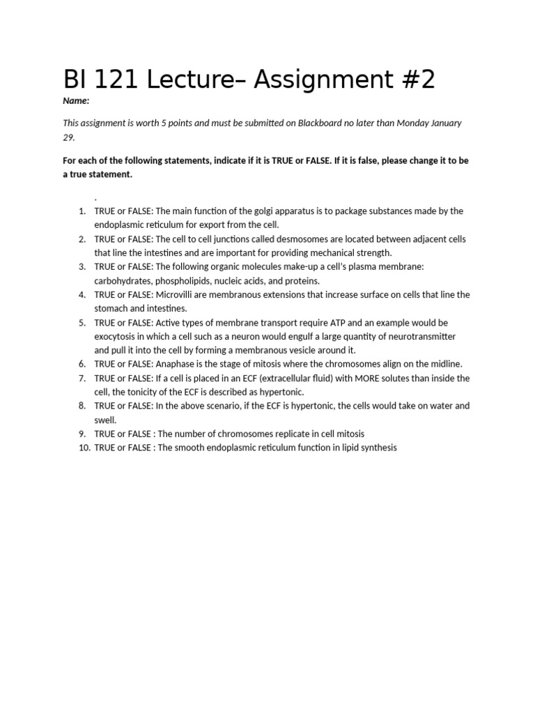 BI 121 Lecture Assignment #2 | PDF