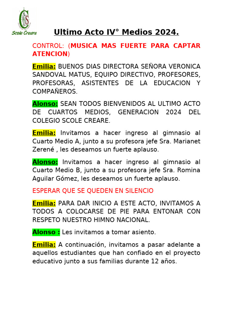 Último Acto IV° Medios 2024 en Scole Creare | PDF