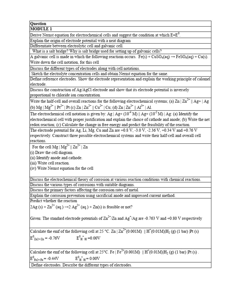 Question Bank - Engineering Chemistry | PDF | Electrochemistry | Electrode