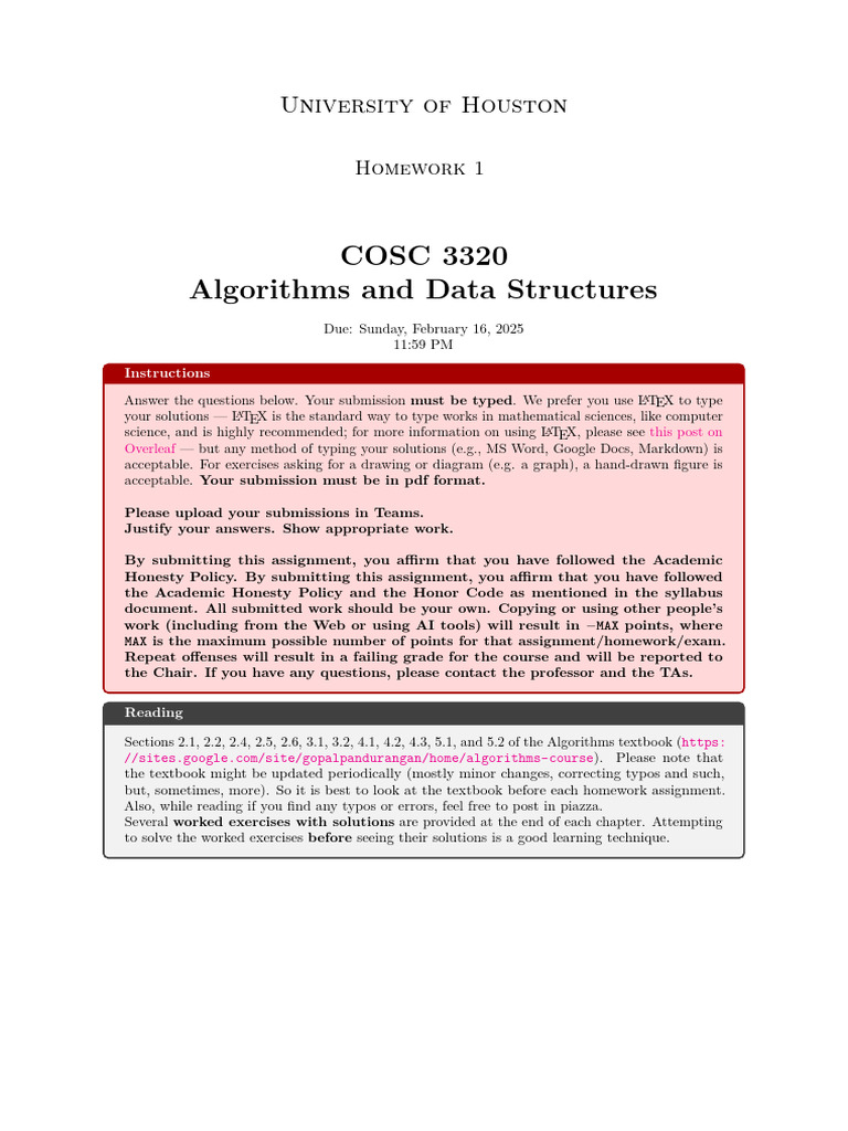 COSC3320 Homework 1 Spr2025 | PDF | Algorithms | Computer Programming