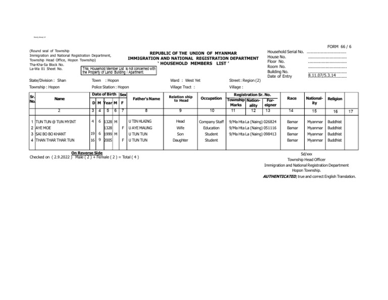 Myanmar Household Members List Form | PDF | Southeast Asia | Myanmar