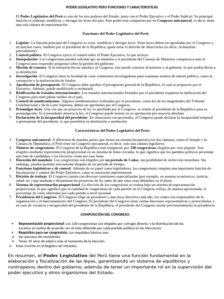 Poder Legislativo Peru Funciones y Caracteristicas | PDF | Legislatura | Ejecutivo (gobierno)