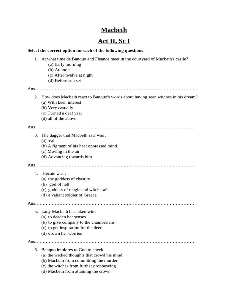 Macbeth Act II Quiz Questions | PDF | Macbeth | Shakespearean Characters