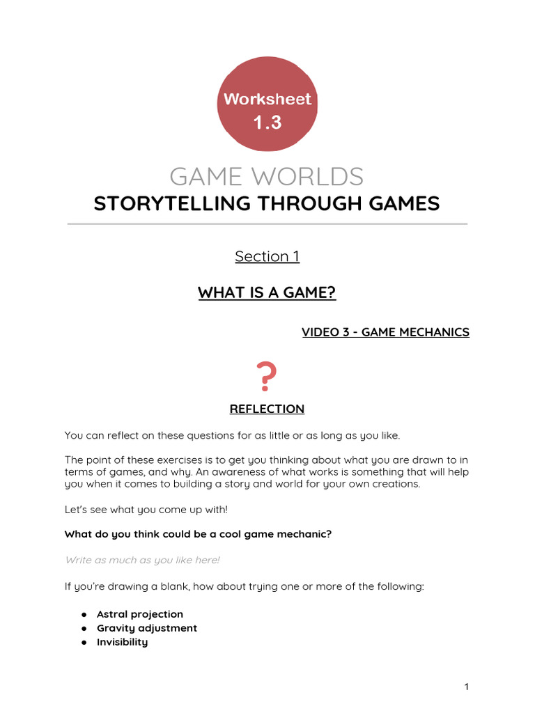 1.3 WHAT IS A GAME - Worksheet - Game Mechanics PDF | PDF