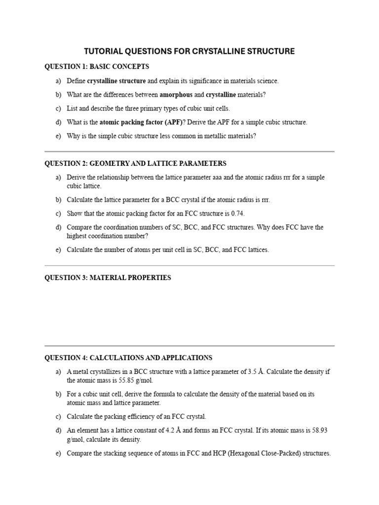 Tutorial Questions For Crystalline Structure | PDF | Crystal Structure | Crystallography