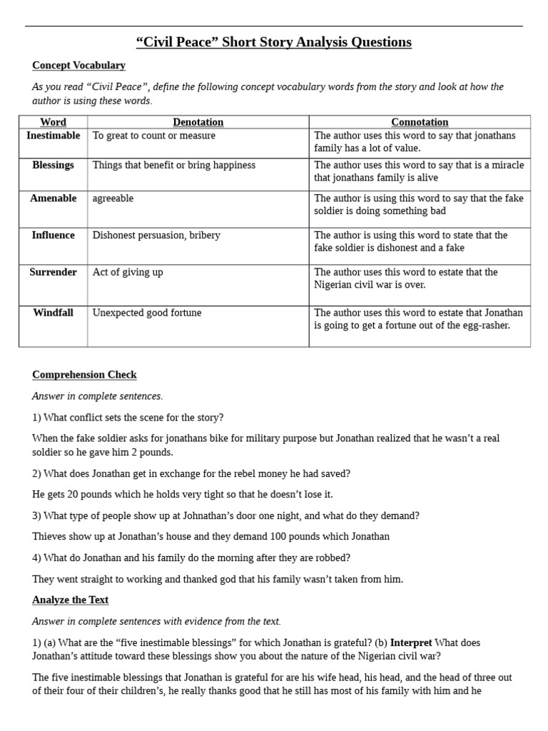 "Civil Peace" Story Analysis Guide | PDF