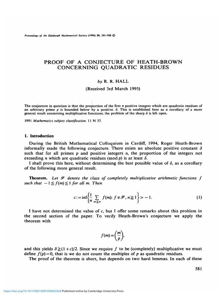 Proof Of A Conjecture Of Heathbrown Concerning Quadratic Residues Pdf Summation Prime Number