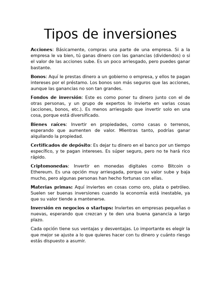 tipos de inversiones | PDF | Inversiones | Compartir (Finanzas)