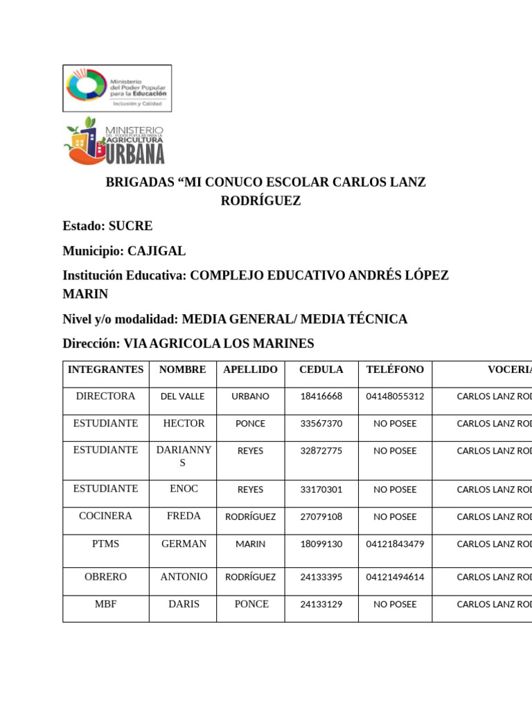 BRIGADA CARLOS LANZ RODRÍGUEZ COMPLEJO EDUCATIVO ANDRÉS LÓPEZ MARIN ...
